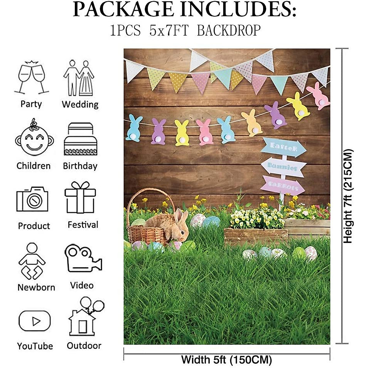 ZTHMOE 5x7ft Durable Fabric Spring Easter Photography Backdrop Rabbit Eggs Wooden Wall Flowers Grass Background Bunny Flag Portrait Photo Booth Props