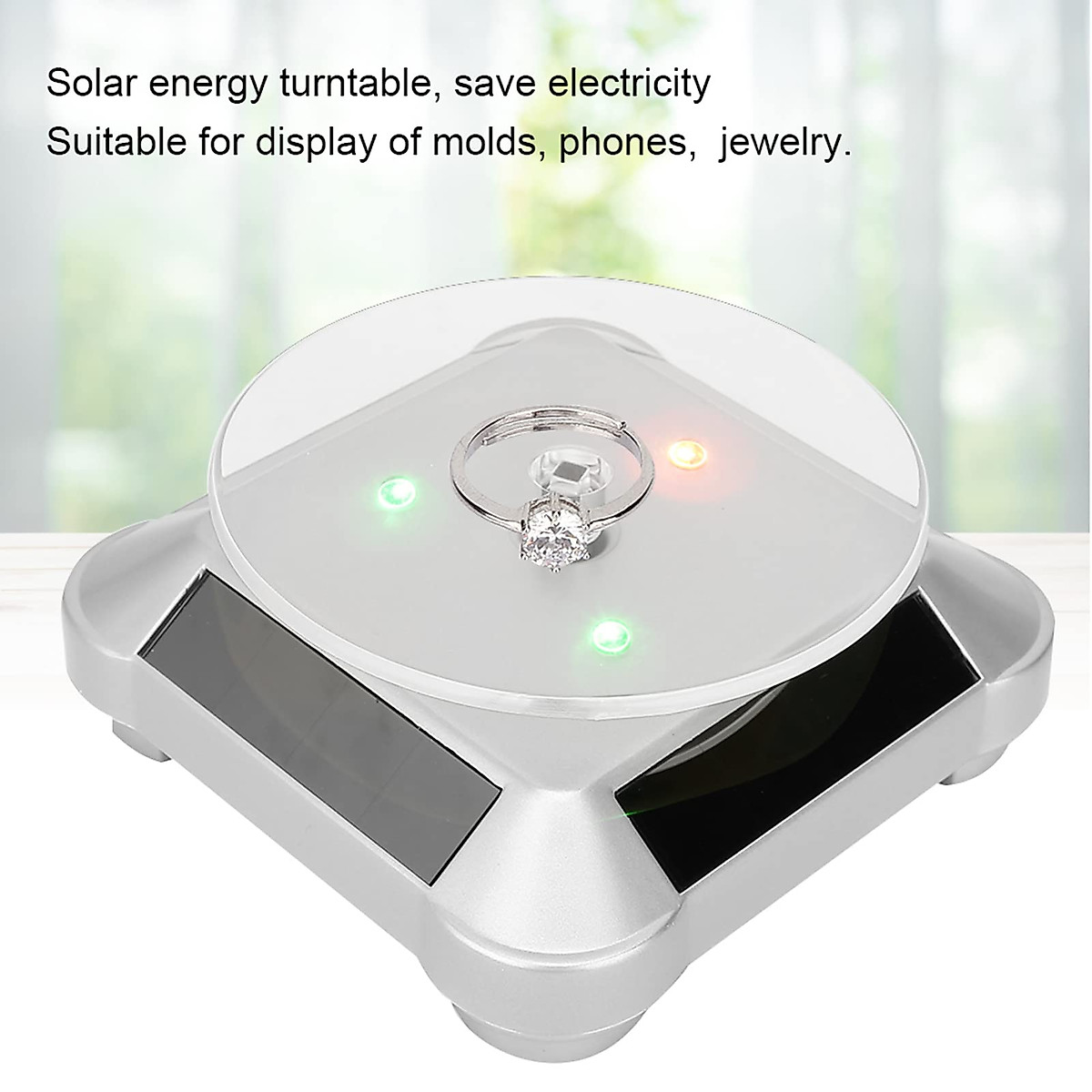 YUYTE Solar Powered Rotating Display Stand, Tray Base Jewelry Turntable Display Stand with LED Light for Jewelry Spinner Watch Hobby Collection Shelf [#2]