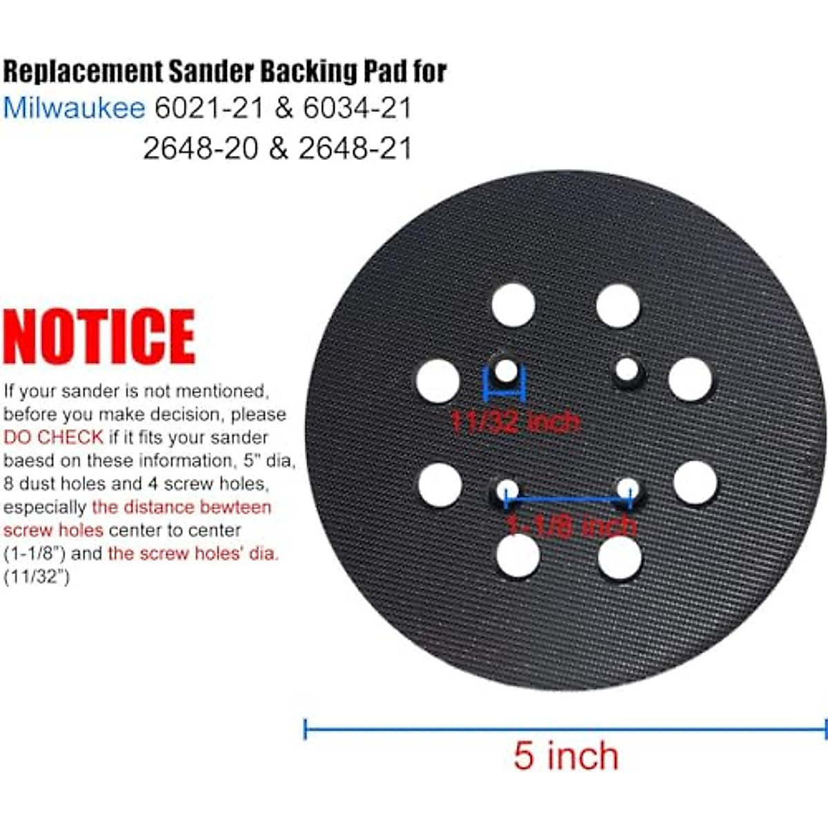 5-Inch 8-Hole Replacement Sander Pad for Milwaukee Sander, 5" Hook & Loop Sanding Pad for Milwaukee 6021-21 & 6034-21, 2648-20, 2648-21 Random Orbit Sander -1 Pack