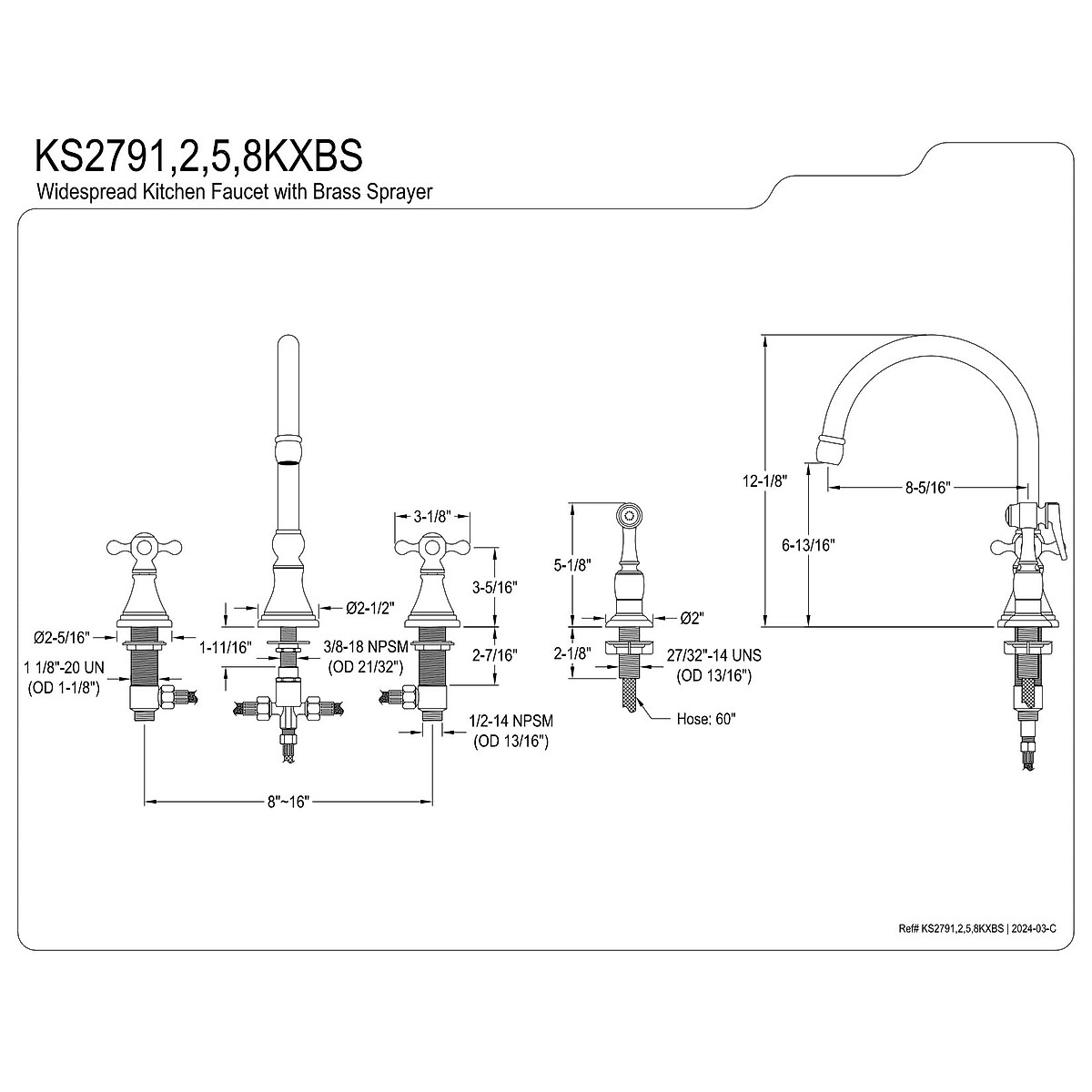 Kingston Brass KS2792KXBS Governor Deck Mount Kitchen Faucet with Brass Sprayer, 8-1/4-Inch, Polished Brass