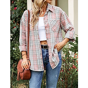 Lumister Oversized Flannel Shirt Women Long Sleeve Plaid Button Down Buffalo Shirt Blouse Tops with One Pocket(0405-Pink-L)