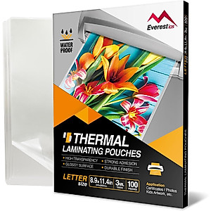 Everest Thermal Laminating Sheets, 8.9 x 11.4 Inches, 3 Mil Thick, 100/200 - Pack, Non-Toxic Material and Adhesive, Letter Size Laminated Pouches for Documents and Photos, Clear (3 Mil, 100, Pack)