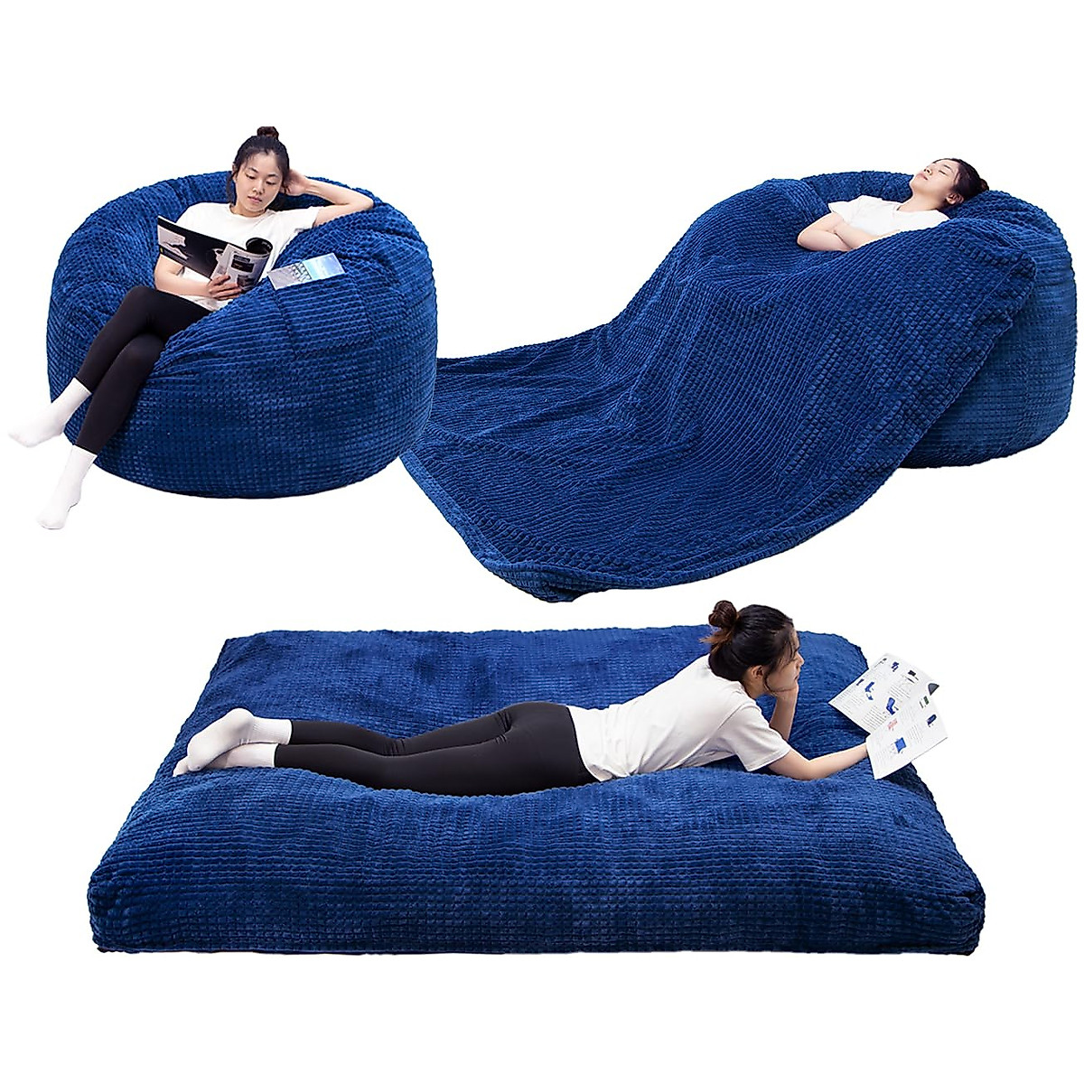 N&V Bean Bag Chair/Bed Transformable Giant with Washable Plush Velvet (Blue, Full)