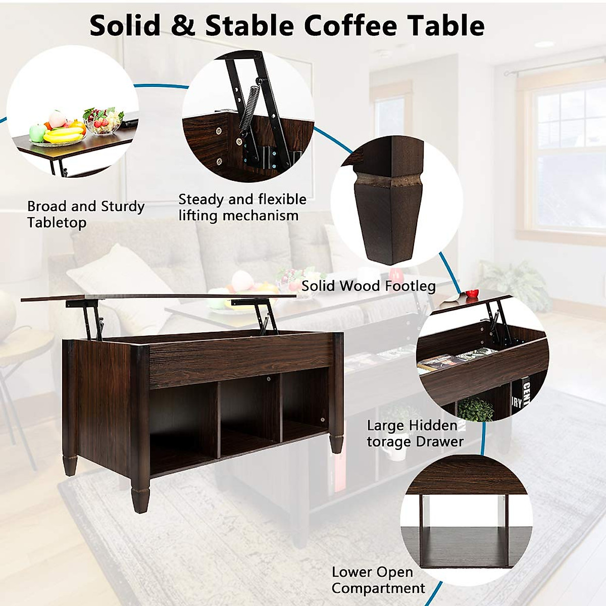 MTFY Lift Top Coffee Table, Modern Wood Home Living Room Furniture Coffee Table Desk with Hidden Compartment Storage Shelf (Brown)