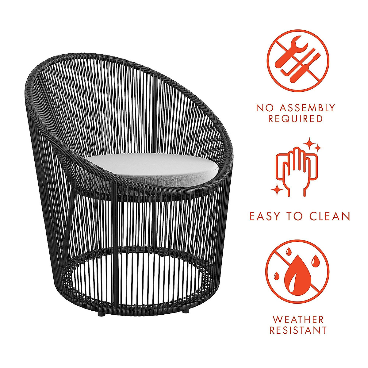 CosmoLiving by Cosmopolitan 88282BLK1E, Taura Collection, Resin Rope, Outdoor, Black Lounge Chair, Light Gray