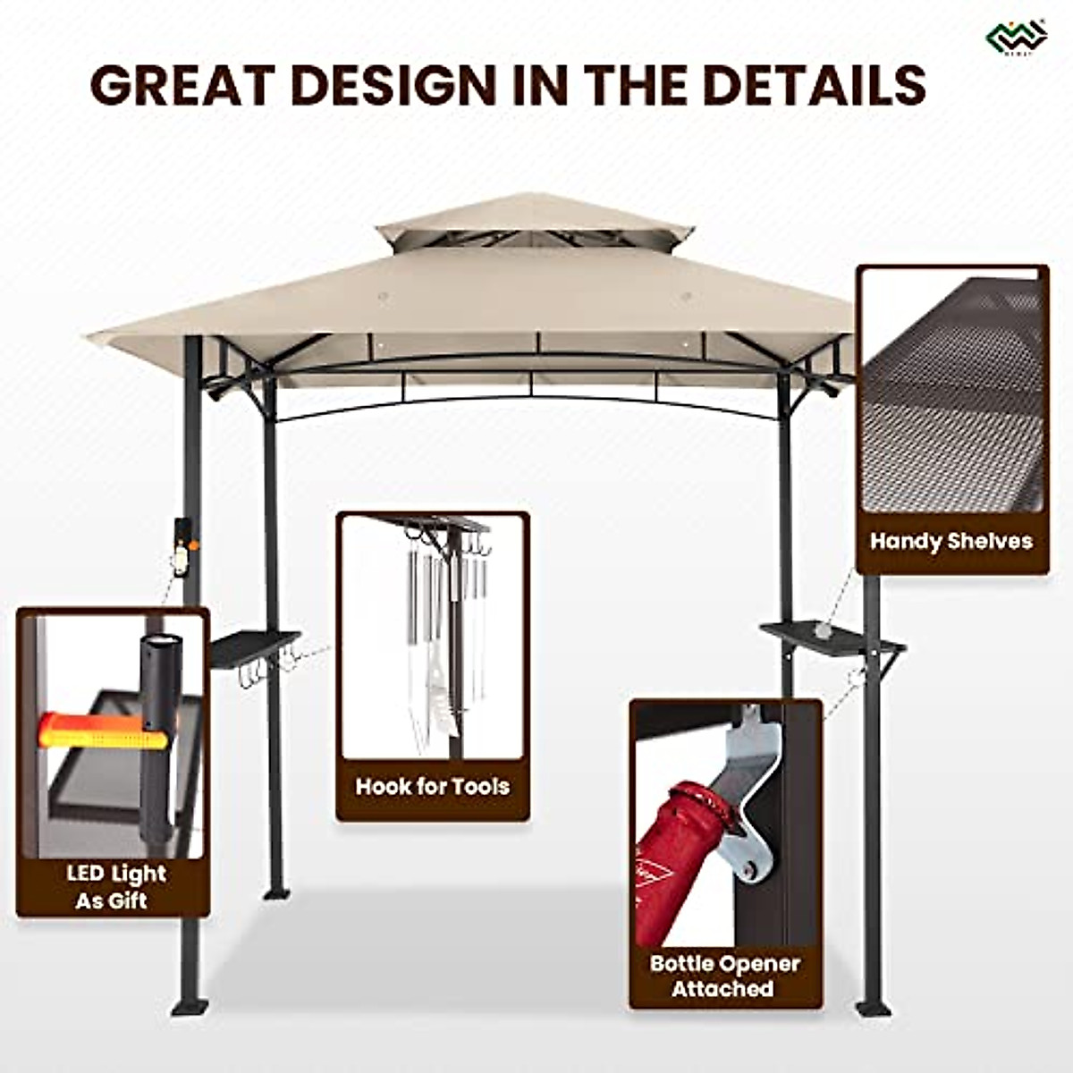 MEWAY 8x5 Grill Gazebo 2-Tiered Outdoor BBQ Canopy Tent, Beige