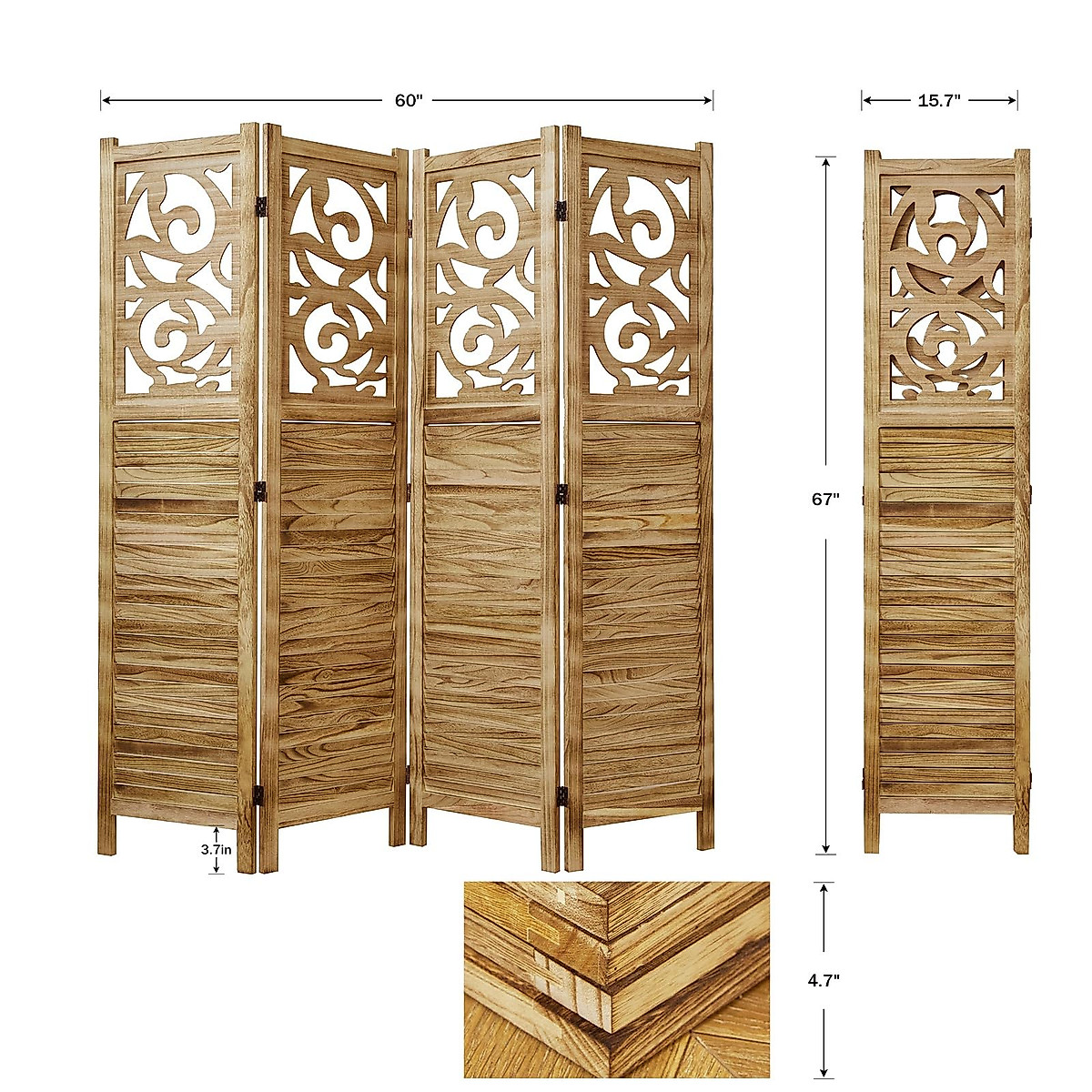 Svimi Folding Room Divider, 5.6Ft 4 Panels Wood Carved Privacy Screens, Free Assembled Freestanding Portable Reversible Functional Decorative Partition for Home Office Restaurant Bedroom (Wood)