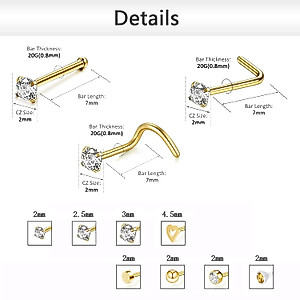 ZS 12Pcs 20G Nose Studs Rings - Surgical Steel L Shape Nose Bone Nose Screw CZ Nostril Piercing Jewelry for Women (Gold,L Shaped Nose Rings)