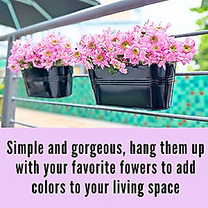 LaLaGreen Outdoor Rail Planter - 6 Pack, 11.2 Inch Black Metal Iron Hanging Flower Pots Deck Railings Fence Buckets Modern Countryside Boho Style Wall Mount Window Box Plant Holder Hooks Porch Decor