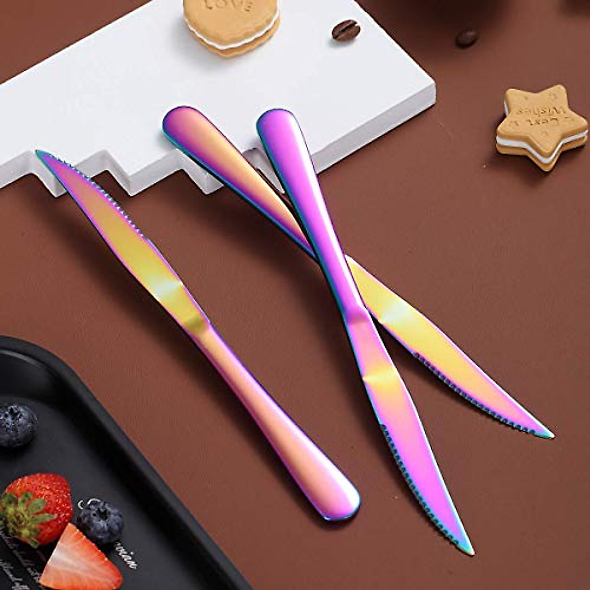 Rainbow Steak Knife Set, Kyrtaon Colorful Serrated Knife, Titanium Mutil-color Plating Stainless Steel Sharp Knives Set, Dinner Knifes Set of 4, Dishwasher Safe Sturdy And Easy To Clean