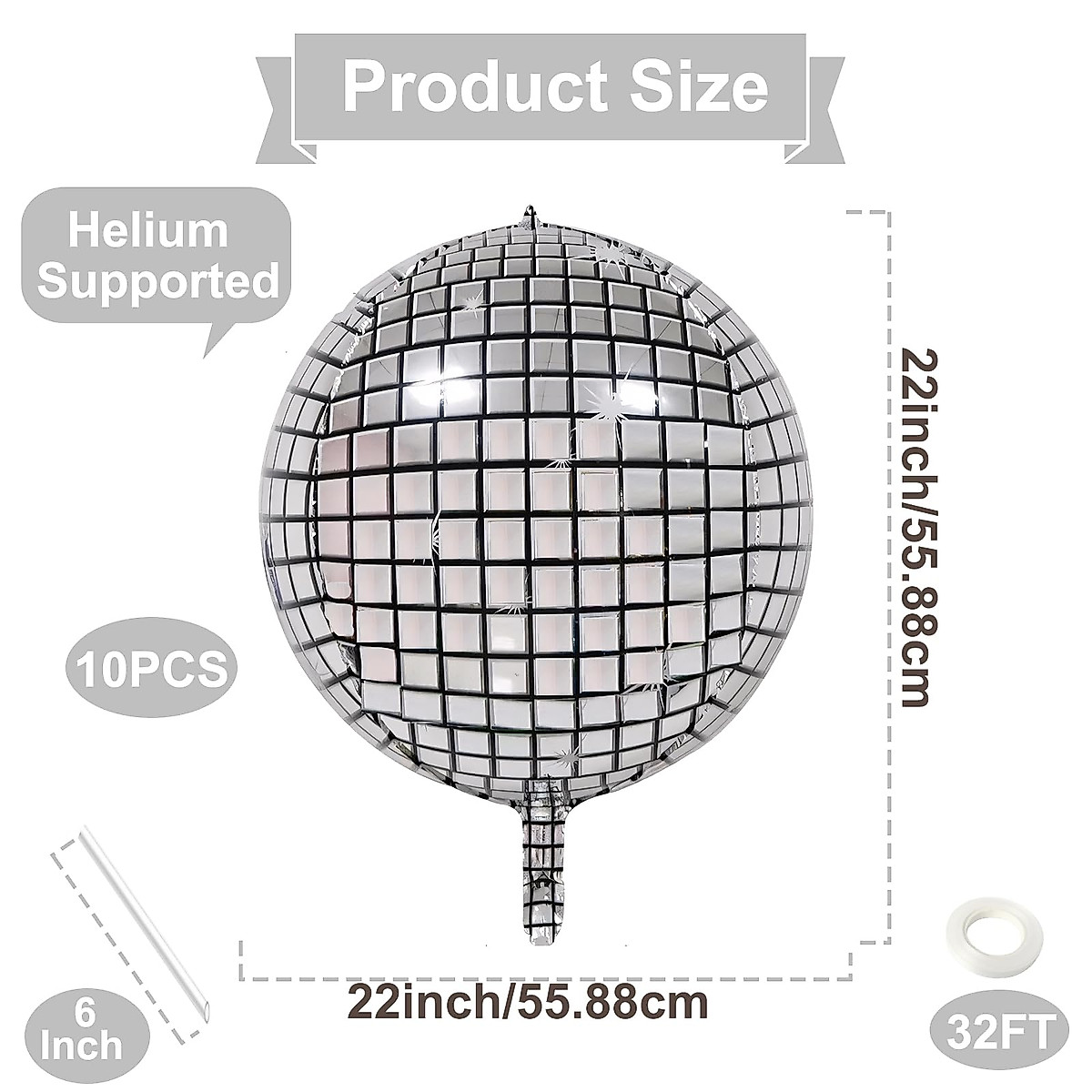 10 Pieces 22 Inches Large Silver Disco Ball Balloons - Large 4D Round Foil Mylar Mirror Balloons for Retro 70s Disco Dance Decorations Birthday Wedding Graduation Party Supplies