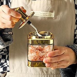 BETTWILL Glass Condiment Spice Jars, Container with Lids and Spoons(11oz/320 ml), Gold Salt Jar, 2Pack Seasoning Box Set for Sugar, Pepper, for Kitchen Counter，Brown Sugar Container.