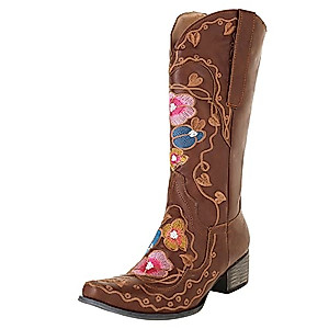 Women Booties Embroidery Heels Middle Flowers Round Retro Slipon Toe High Shoes Nine Cowboy Boots Women