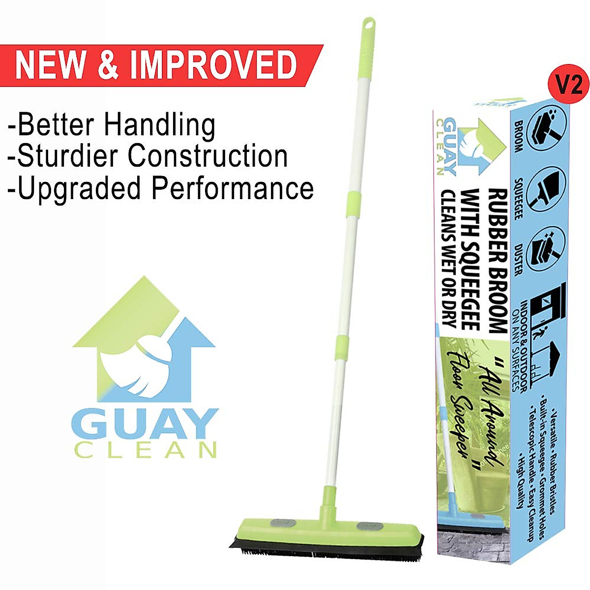 Guay Clean Rubber Push Broom Pet Hair Fur Removal Soft Bristle Sweeper for Carpet and Floor, Squeegee and Grommet for Pads and Towels -Telescopic Pole up to 50 Inches - Green