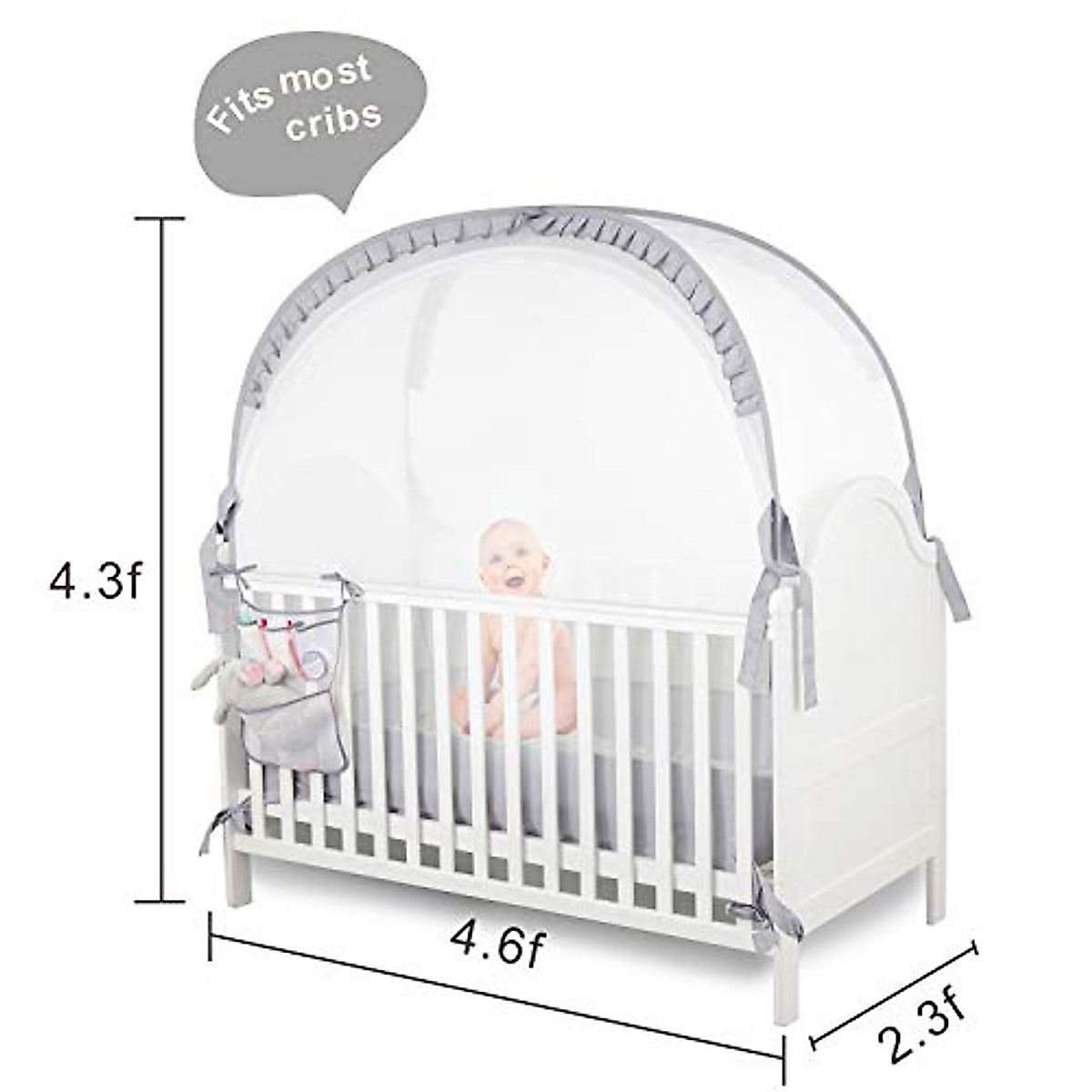 ZXPLO Baby Safety Crib Tent Infant Pop up Mosquito Net Nursery Bed Canopy Netting Cover - Keep Baby from Climbing Out with Hanging Diaper Storage Bag (Gray)