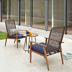 LOKATSE HOME Outdoor Patio 3 Piece Conversation Set Wicker Furniture 2 Cushioned Chairs and Side Table Modern Style, Blue