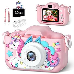 Anesky Kids Camera, Toy Camera for Kids Aged 3 4 5 6 7 8 9 10 11 12, 1080P HD Toddler Digital Video Camera, Children's Camera for Boys and Girls, Perfect Christmas & Birthday Gifts, 32GB Card - Pink
