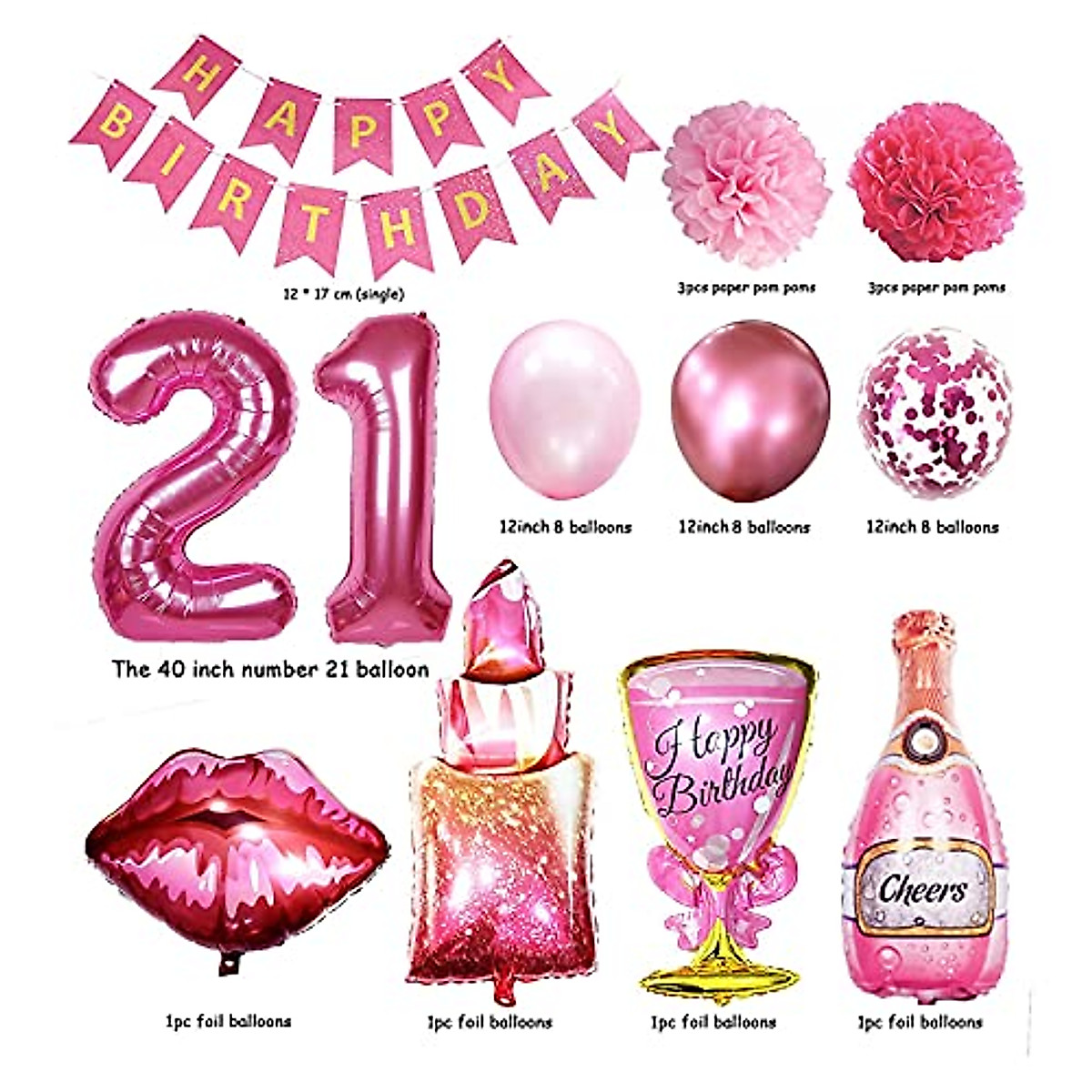Crenics 21st Birthday Decorations for Her - Hot Pink Happy Birthday Banner, Pom Poms, 21 Number Balloon, Lipstick Champagne Balloons and 24 Latex Balloons for 21st Girls Women Birthday Party Supplies