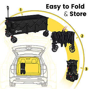 Sekey 48''L Collapsible Foldable Extended Wagon with 440lbs Weight Capacity, Heavy Duty 300L Folding Utility Garden Cart with Big All-Terrain Beach Wheels & Drink Holders. Black