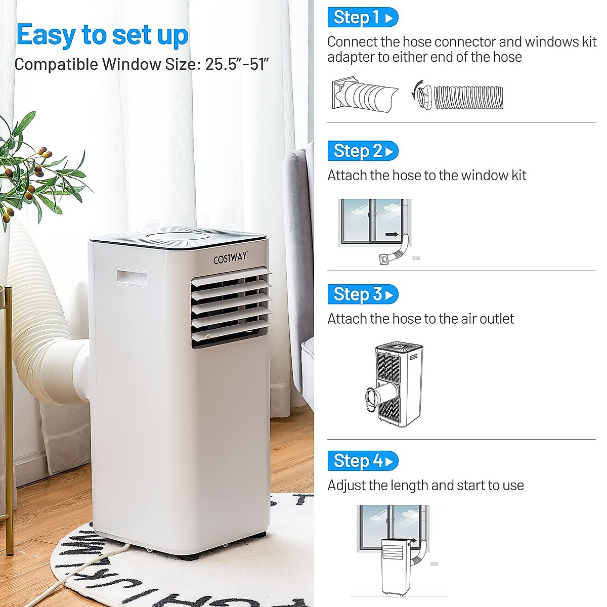 COSTWAY Portable Air Conditioner 10000BTU, Dehumidifier, Cooling for Room Spaces up to 350 Sq.Ft with 3 Speed Function, Universal Casters, 24H Timer, Remote Control, for Bedroom