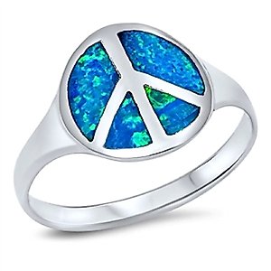 CloseoutWarehouse Peace Sign Haight Ashbury Hippie Blue Simulated Opal Ring 925 Sterling Silver Size 5