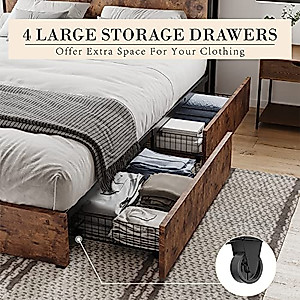 AMERLIFE Queen Size Storage Bed Frame, Wooden Platform Bed with Charging Station, 4 Drawers & Headboard/ No Box Spring Needed/ Noise-Free/ Dark Brown