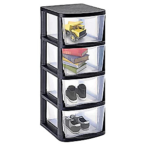 Juggernaut Storage 4 Drawer Storage Tower, Black Frame with Clear Drawers, RDT4