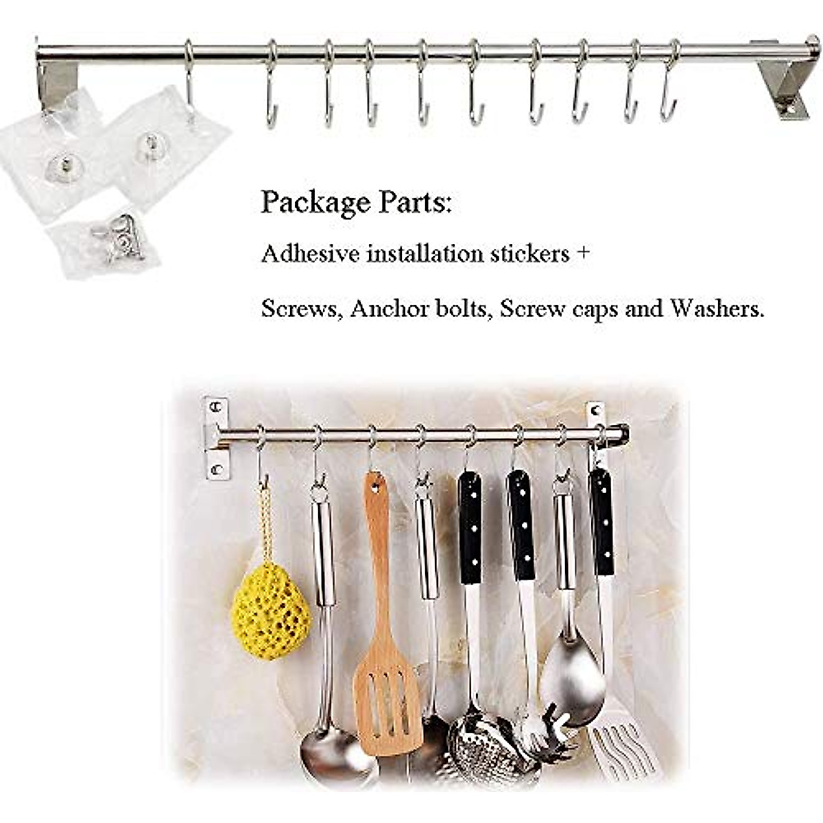 Petilleur Kitchen Sliding Hooks, Stainless Steel Hanging Rack Rail Organize Kitchen Tools with 10 Utensil Removable S Hooks for Towel, Spoon, Coats, Bathrobe, BBQ,Wall Mounted Hanger (60CM 10 Hooks)