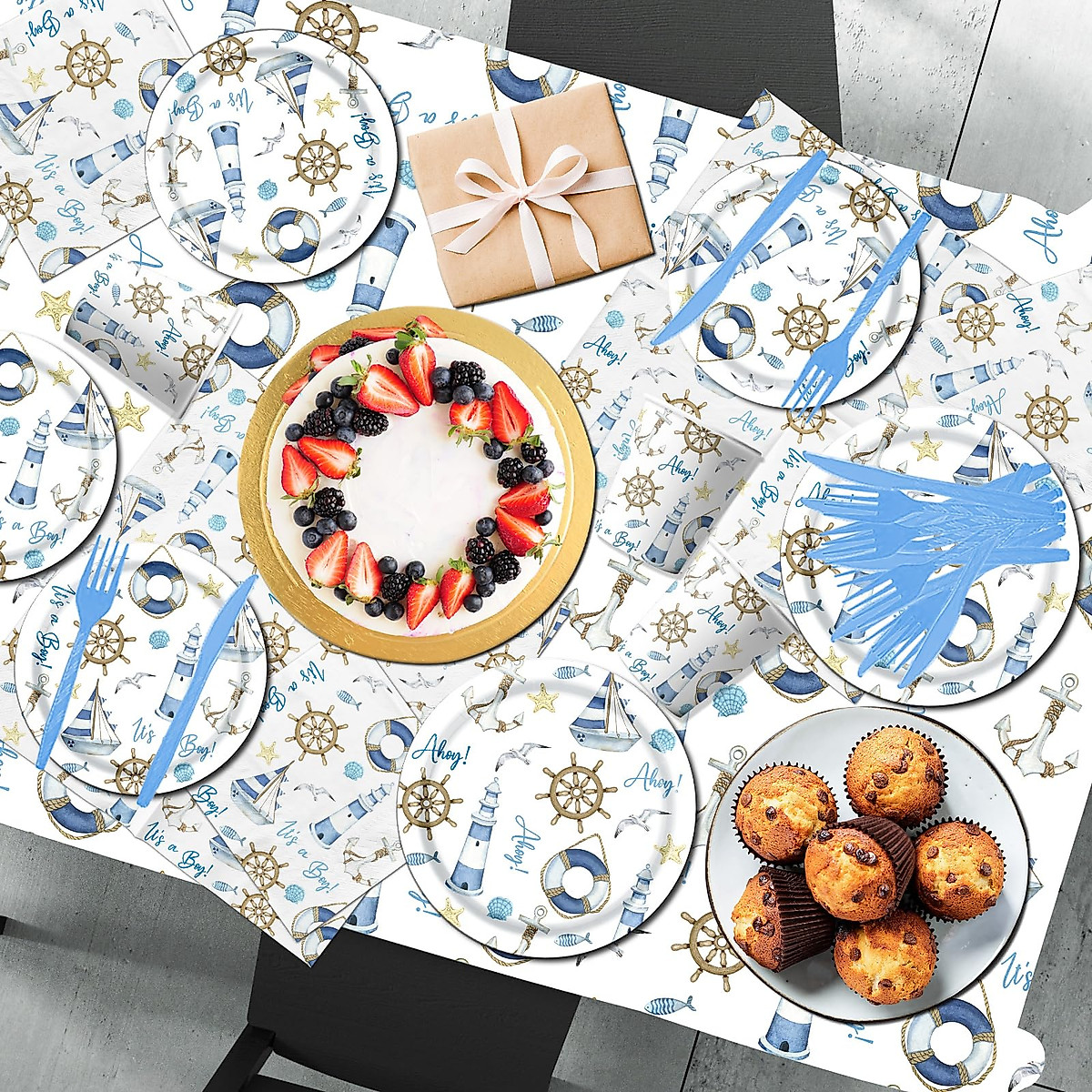 Ahoy Nautical Baby Shower Decorations Tableware,142pcs Ahoy Its A Boy Baby Shower Plates and Napkins Supplies Ahoy Nautical Party Dinnerware Tablecloth for Boy Sailor Theme Baby Shower Decorations