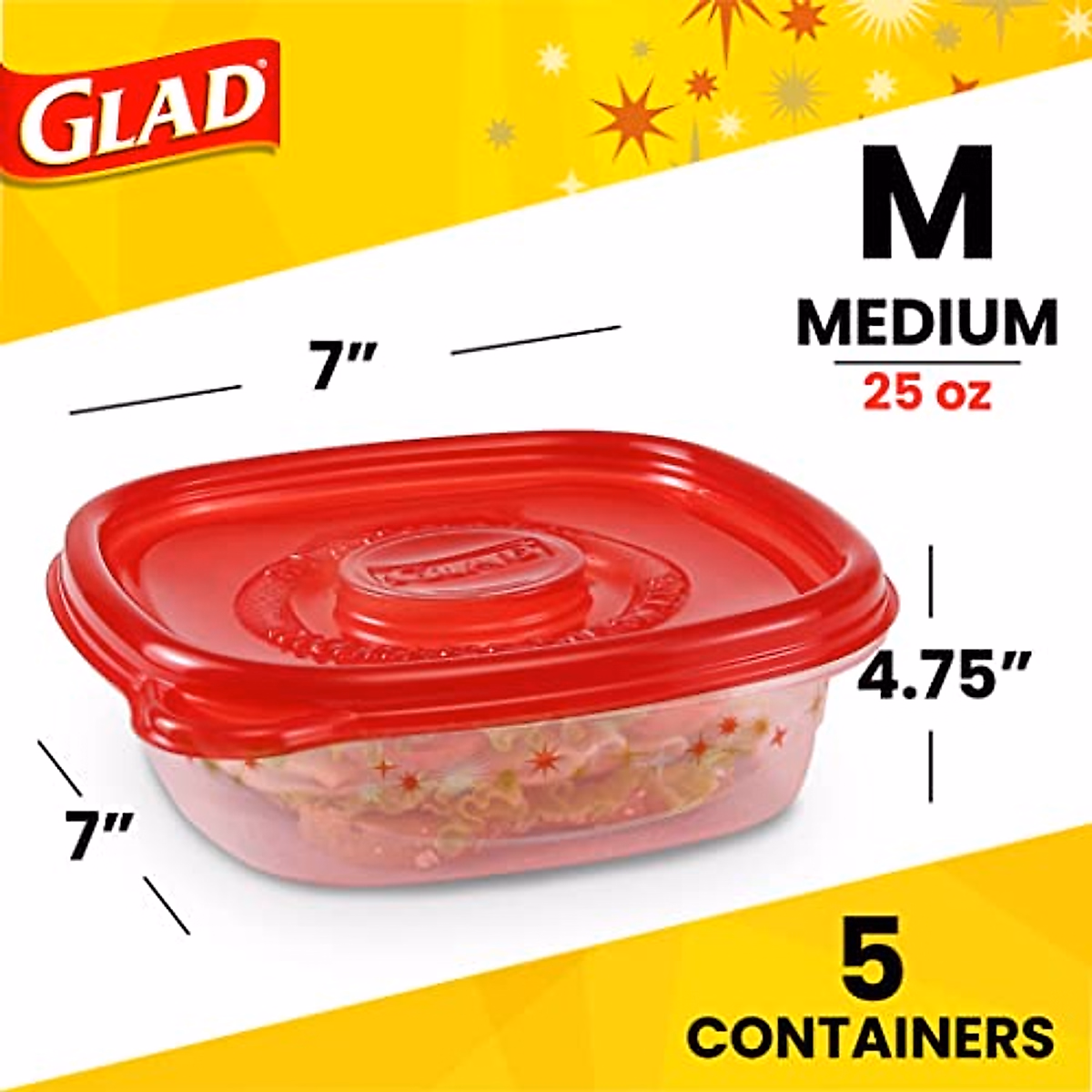 GladWare Medium Entrée Square Holiday Food Storage Containers with Lids | 25 oz Holiday Containers with Red Star Design, 5 Count Set | Airtight Food Storage Containers for Food