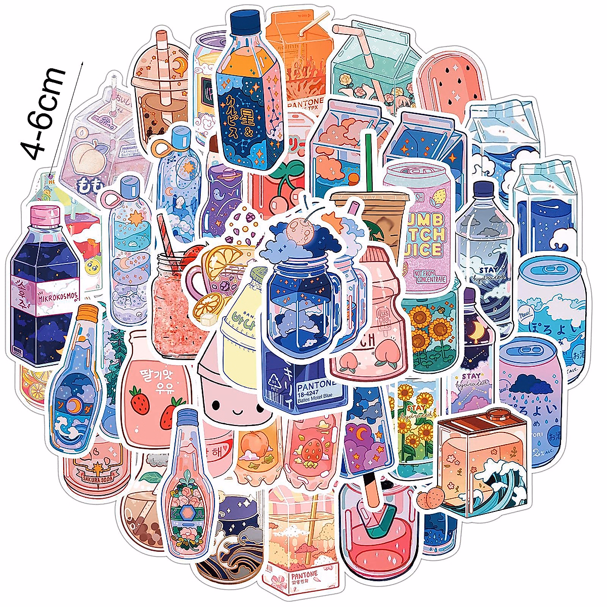 prettDliJUN Decorative Wall Art, 50PcsBag Beverage Stickers Water-Proof Cute Pink Blue PVC Vinyl Sticker, 2