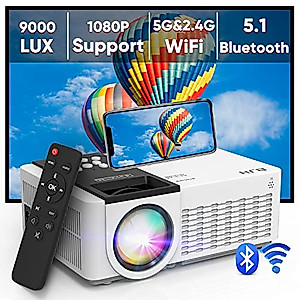 Projector with 5G WiFi and Bluetooth,2023 Upgrade 9000Lumens Full HD 1080P Supported Portable Projector,5.1 Bluetooth Mini Outdoor Movie Projector Compatible with HDMI,USB,AV,Laptop and Smartphone