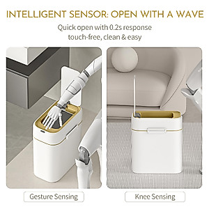 ELPHECO 2.5 Gallon Garbage Can with Buckle-up Latches, Motion Sensor Trash Can with Buckling Latches for Bathroom, Living Room, Office, Bedroom, 2 AA Batteries (Excluded), White Gold