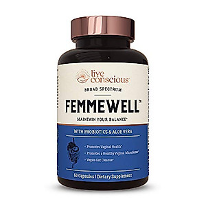 Live Conscious FemmeWell Women's Probiotics for Vaginal Health | Oregano Oil & Caprylic Acid with Lactobacillus & Digestive Enzymes 60 Capsules