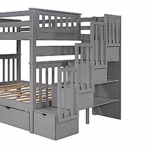 Cotoala Full Over Full Bunk Bed with Stairs and 6 Storage Drawers, Wooden Bunkbed w/ 3 Shelves, No Box Spring Needed, Perfect for Bedroom, Grey