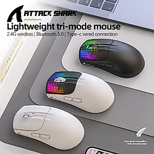 ATTACK SHARK X5 Wireless Gaming Mouse with Tri-Modes BT 5.1/2.4Ghz/USB-C,Lightweight 49g,PAW3212 Optical Sensor,Rechargeable Battery,RGB LED Honeycomb Mice for PC/Tablet/Desktop/Office/Games-Black