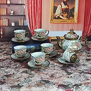 DaGiBayCn 20 Piece European Ceramic Tea Set Coffee set Porcelain Tea SetWith Metal Holder,flower tea set Red Rose Painting,160ML/Cup,460ML/Pot (Large version).