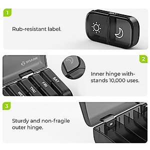 AUVON XL Weekly Pill Organizer 2 Times a Day, Pill Box 7 Day with One-Side Large Opening Design for Easy Filling, Black Privacy Protection AM PM Pill Case for Medication/Vitamins/Fish Oils/Supplements