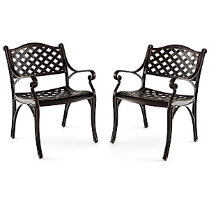 Giantex Cast Aluminum Patio Chairs Set of 2, All Weather Outdoor Dining Chairs w/Armrests and Curved Seats, Heavy Duty Metal Bistro Chairs for Porch, Garden, Poolside, Backyard, Bronze (Classic, 1)