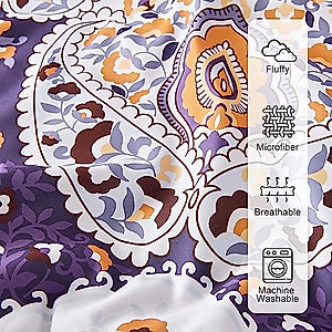 DJY Purple Comforter Set Queen, 7 Piece Bed in a Bag Boho Paisley Floral Comforter Set with Sheets Soft Microfiber Complete Bedding Set for All Season