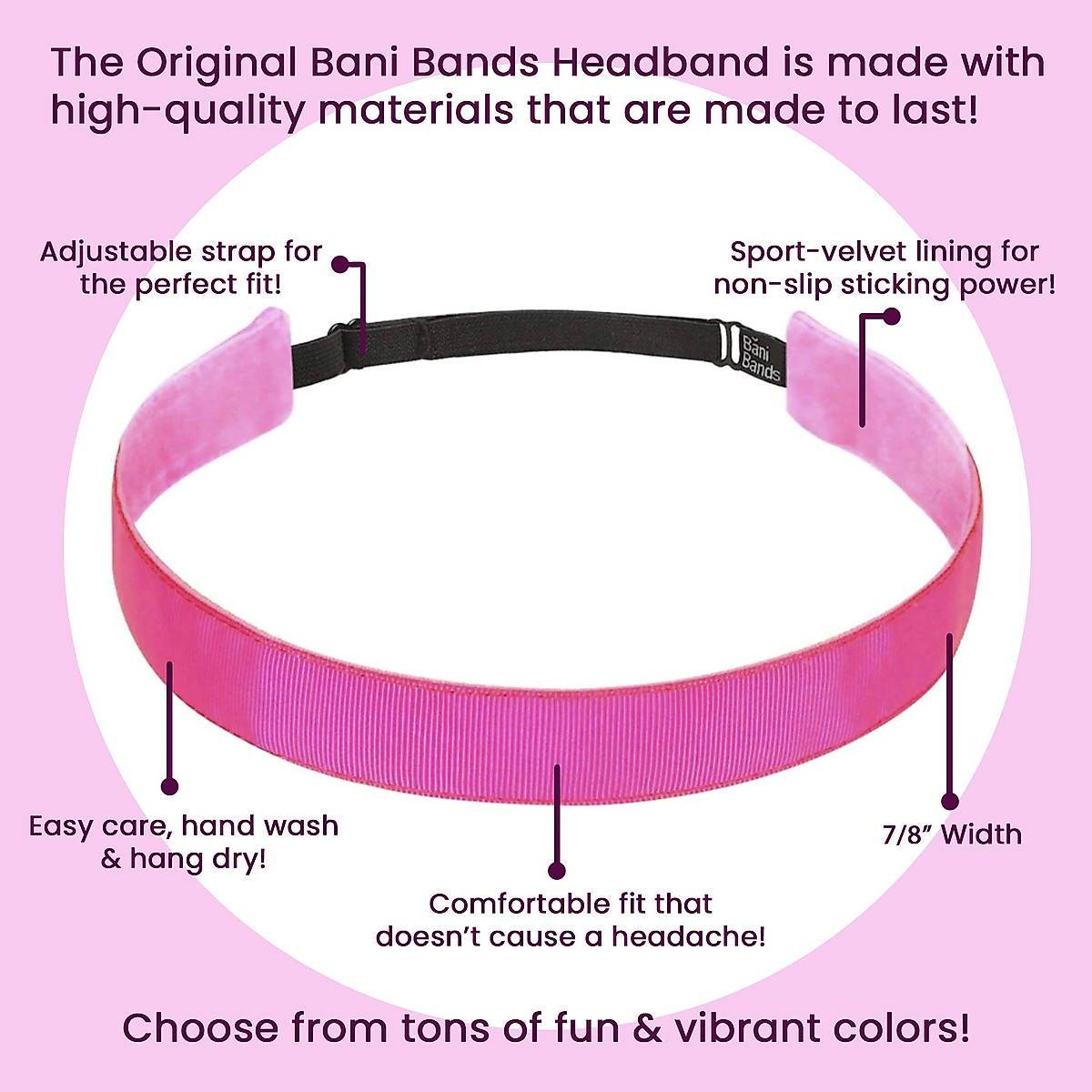 BaniBands Headbands for Women - Non Slip Adjustable Sports Head Bands - Made in USA - Perfect Headband for Active Women Stays in Place during Workout, Running, Yoga and More - Pink