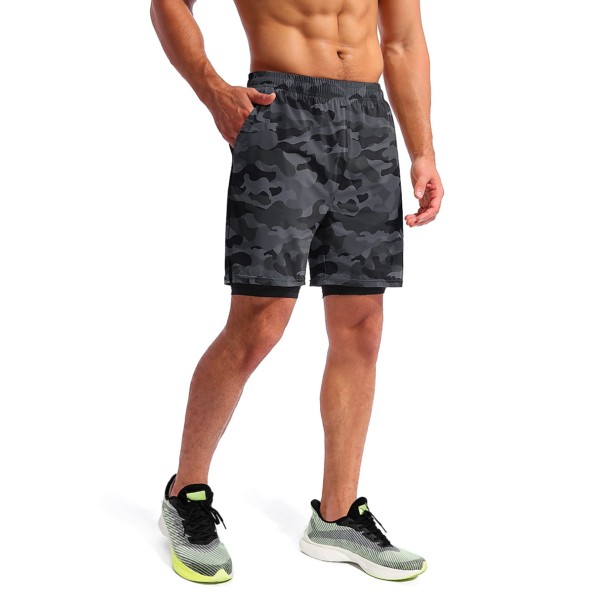 Pudolla Men’s 2 in 1 Running Shorts 7" Quick Dry Gym Athletic Workout Shorts for Men with Phone Pockets(Black Camo Large)