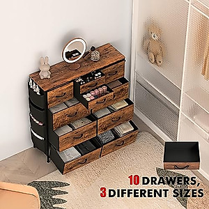Lulive 10 Drawer Dresser, Chest of Drawers for Bedroom with Side Pockets and Hooks, Fabric Storage Dresser, Sturdy Steel Frame, Wood Top, Organizer Unit for Nursery, Hallway, Closet (Rustic Brown)