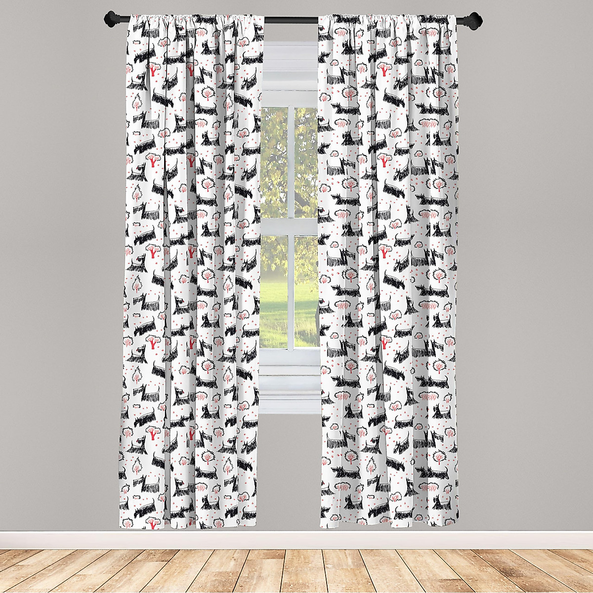 Ambesonne Scottie Dog Window Curtains, Hand-Drawn Sketched and Scribbled Scotch Breeds Playing, Lightweight Decorative Panels Set of 2 with Rod Pocket, Pair of - 28" x 84", Coral Charcoal