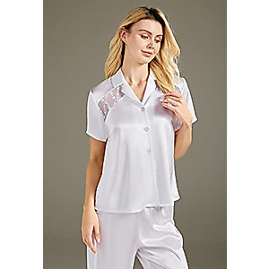 AW BRIDAL 2Pcs Sexy Womens Pajama Sets - Short Sleeve Silk Pajamas Long Pj Pants With Lace, Button Up Pajamas For Women, White, S| Clever Bridal Shower Gifts Bachelorette Gifts For Bride Pajamas