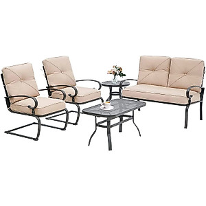 Incbruce 5 Piece Wrought Iron Patio Furniture Set Metal Outdoor Conversation Sets (Loveseat, Coffee Table and Bistro Table, 2 Spring Chair) with Cushion (Brown)