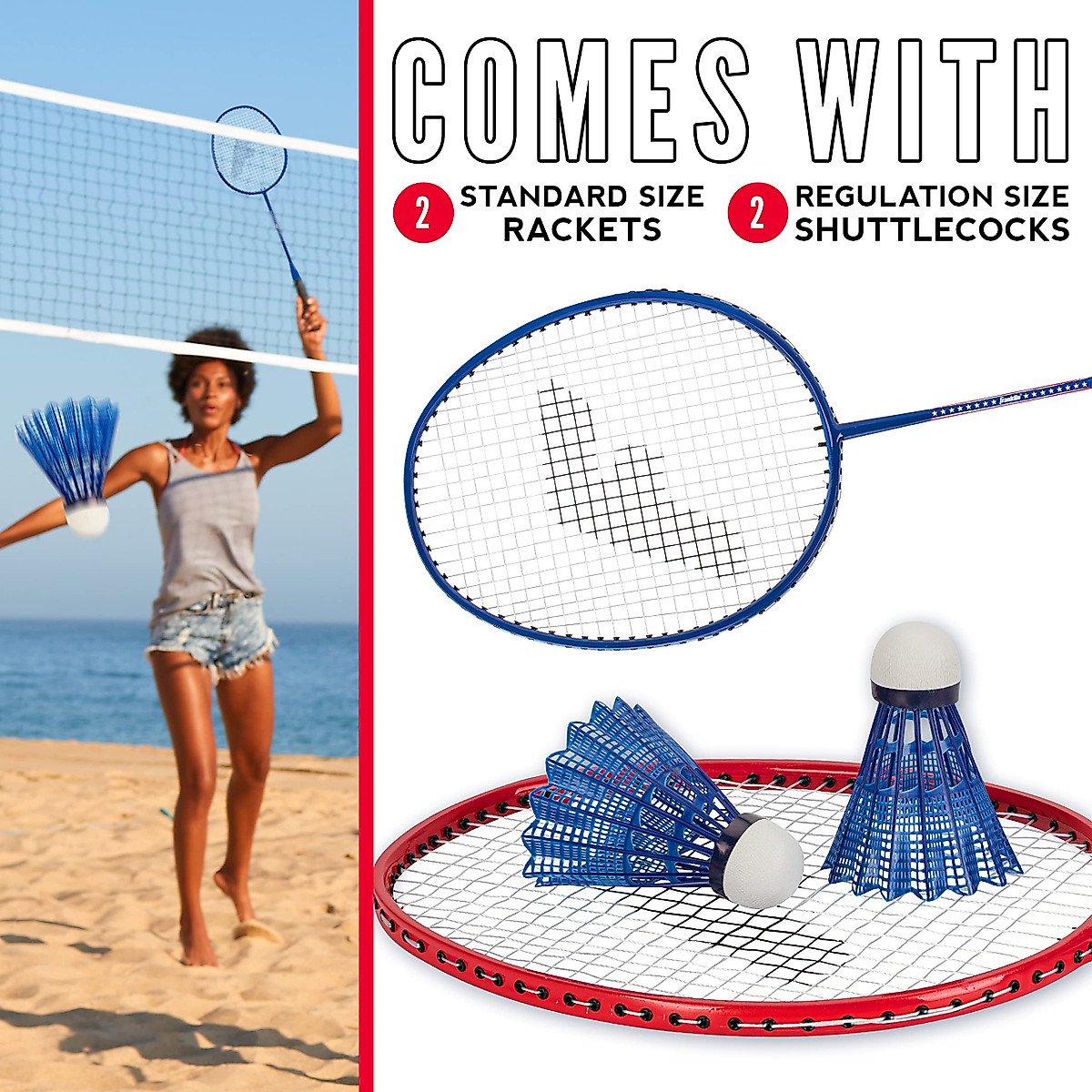 Franklin Sports 2 Player Badminton Replacement Set - 2 Badminton Racquets and 2 Shuttlecocks - Adults and Kids Backyard Game - Red, Blue, Stars, One Size