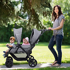 BABY JOY Double Stroller, Foldable Lightweight Twin Stroller with Tandem Seating, Adjustable Backrest/Canopy/Footrest, 5-Point Harness, Storage Basket, Double Stroller Newborn and Toddler (Gray)