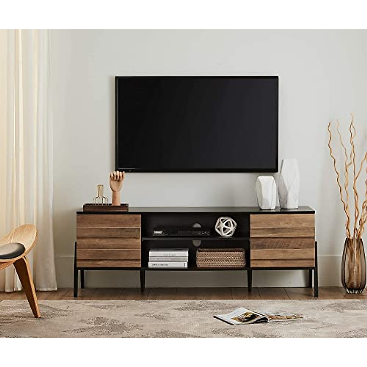 Mid-Century Modern TV Stand for 65 inch Flat Screen Wood TV Table Media Console with Storage, Home Entertainment Center in Black and Oak for Living Room Bedroom, 60 inch