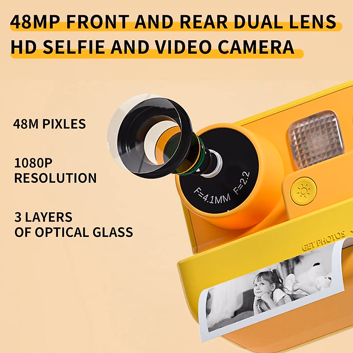 Kids Camera Instant Print, 48 Mega Pixels and 1080P Resolution HD Digital Video Cameras for Girls Boys 3-12 Years Old with 32GB SD Card,Color Pens,Print Papers(Yellow)
